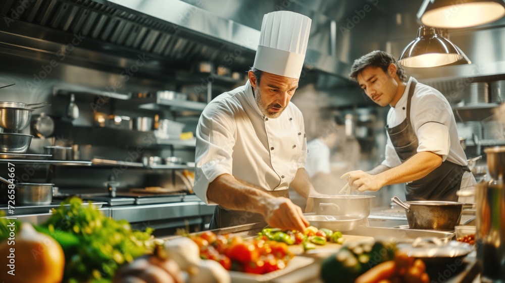 Two chefs in a kitchen are busy preparing food. One is chopping ...