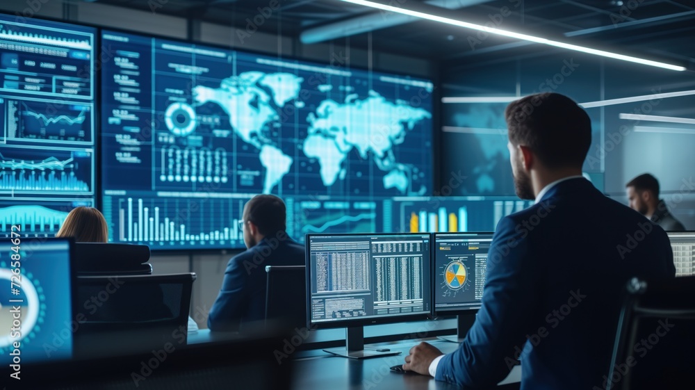 modern control room with professionals monitoring data on large screens ...