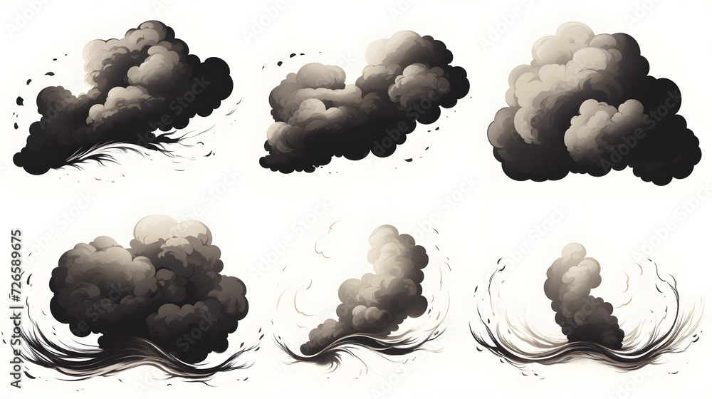 Radial explosion silhouette. Exploding bursts, round explosions cloud and exploded bomb effect ...