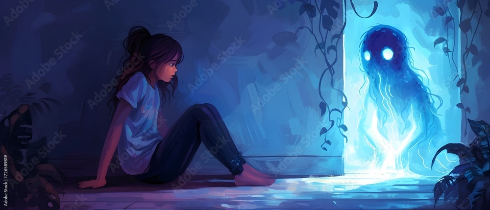 beautiful girl is sitting on the floor with a sad face and a scary ...