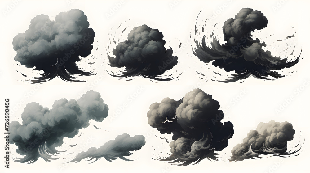 Radial explosion silhouette. Exploding bursts, round explosions cloud and exploded bomb effect ...