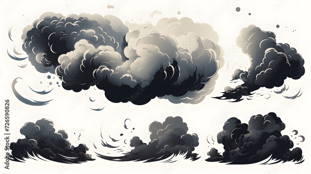 Radial explosion silhouette. Exploding bursts, round explosions cloud and exploded bomb effect ...