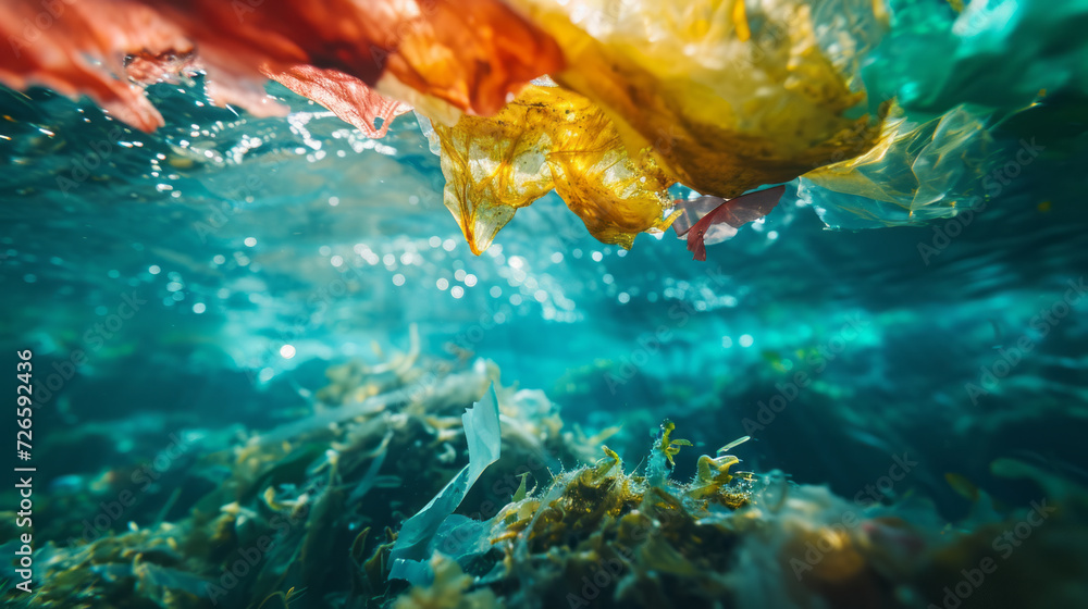 Underwater view of plastic pollution floating amongst marine plants ...