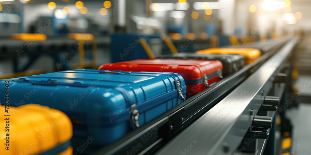 Baggage suitcases moving on an airport luggage conveyor belt in an ...
