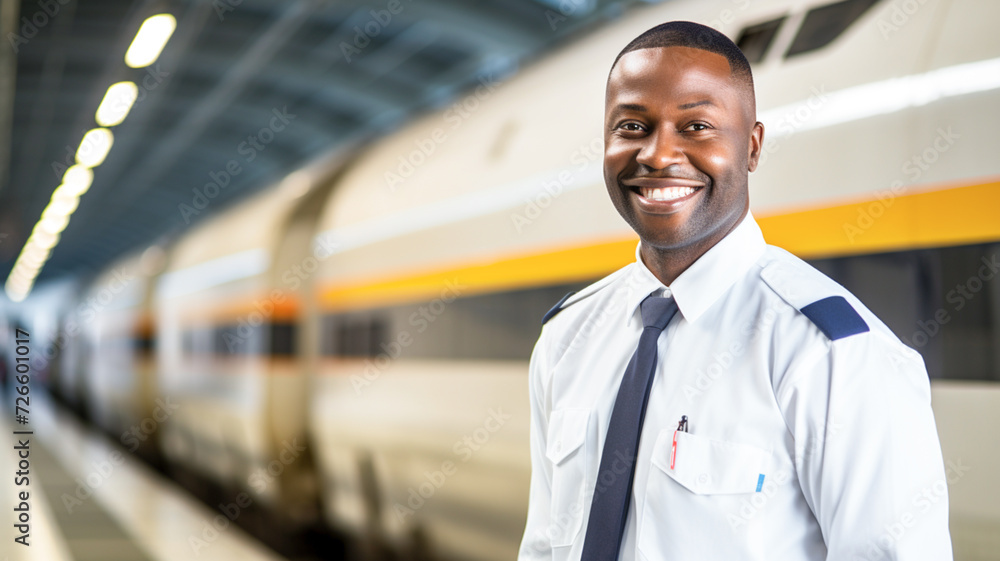 Portrait of smiling african american male train driver posing in front ...