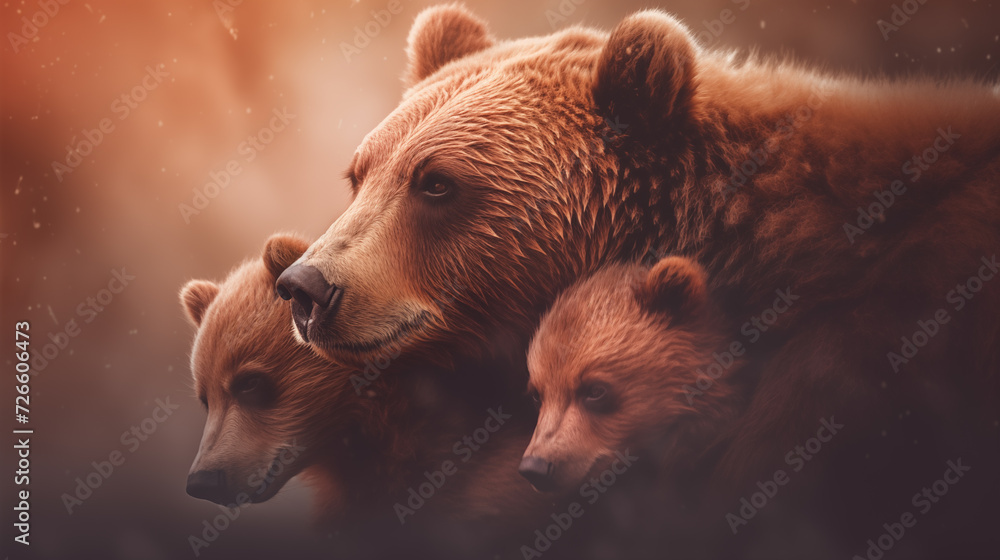 Wild brown bear and adorable cub in a zoo exhibit, showcasing the ...