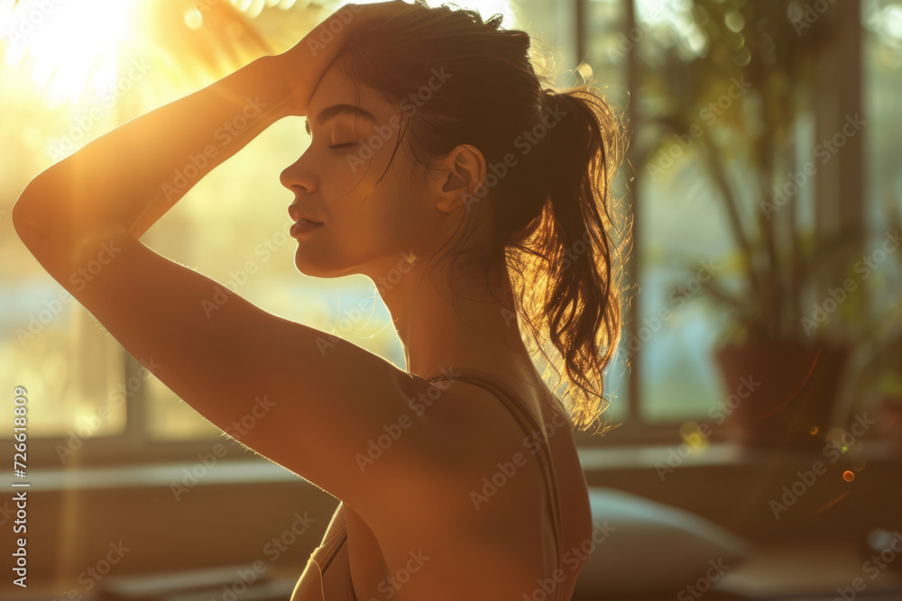 An individual doing a mindful stretching routine, focusing on each ...