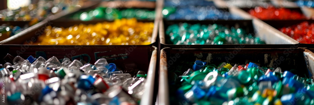 Waste recycling center background with labeled containers for different materials, waste sorting ...