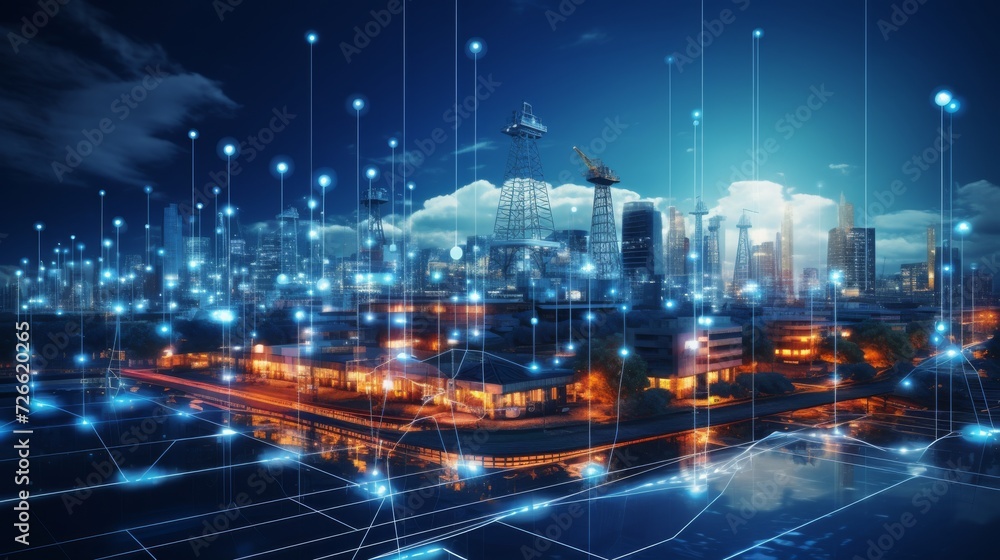 Modern factory, communication network. Telecommunication. IoT, Internet ...