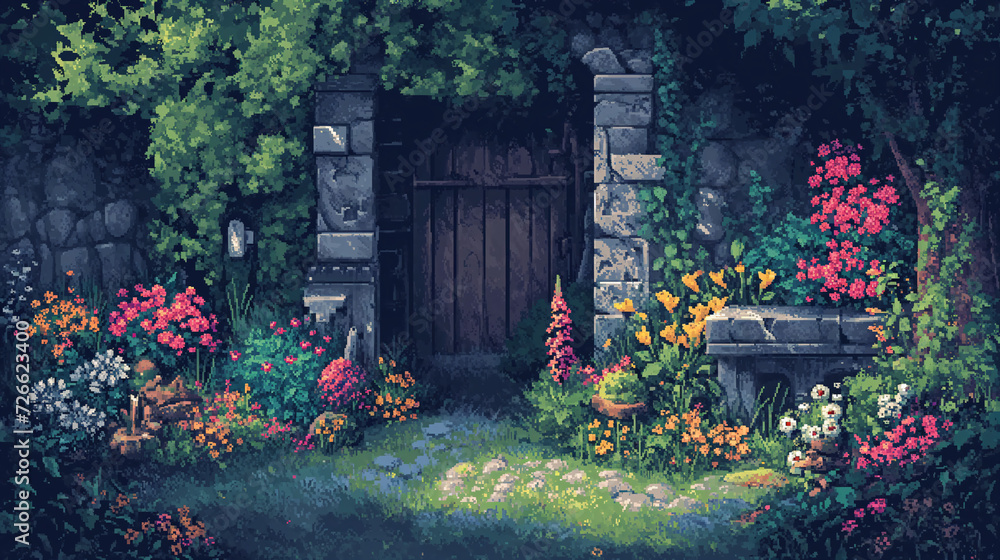 pixel art of flower garden dungeon background battle scene in RPG old ...