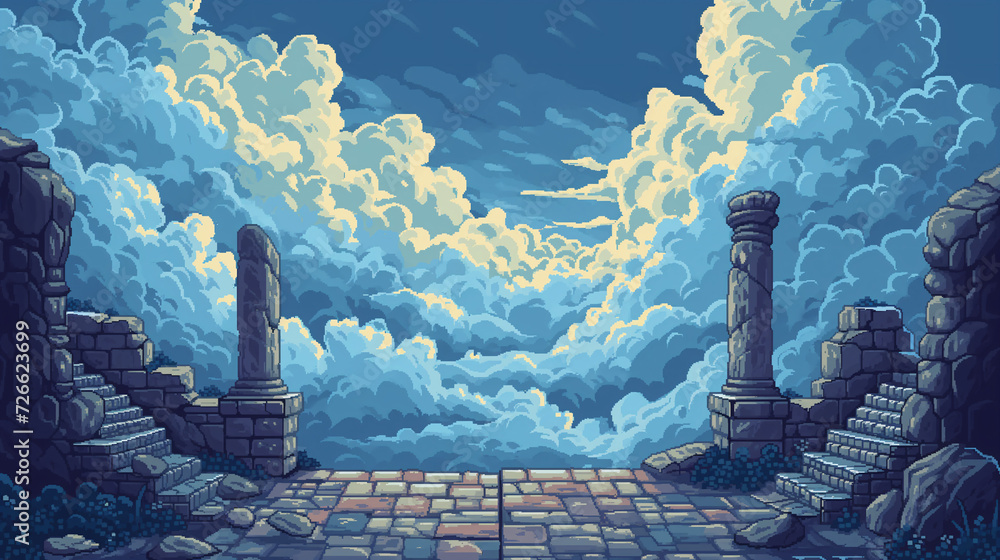 pixel art of sky dungeon background battle scene in RPG old school ...