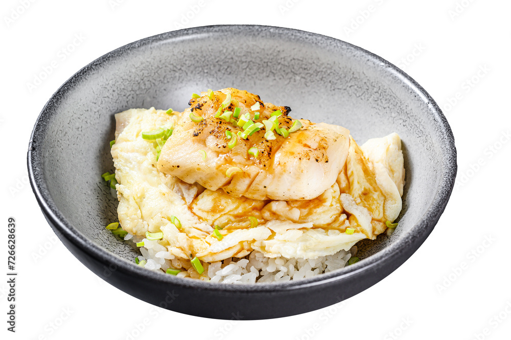 Baked cod fillet with Japanese omelette and fried rice. Isolated ...