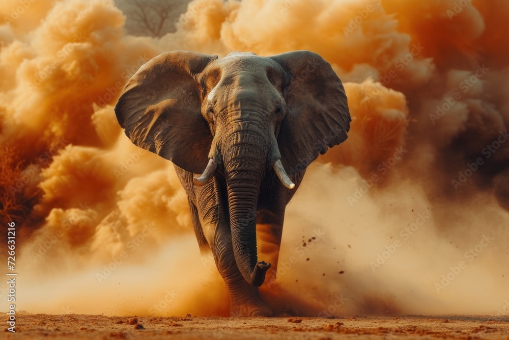 Elephant in Dust Storm, African Elephant Running Through Sandstorm ...