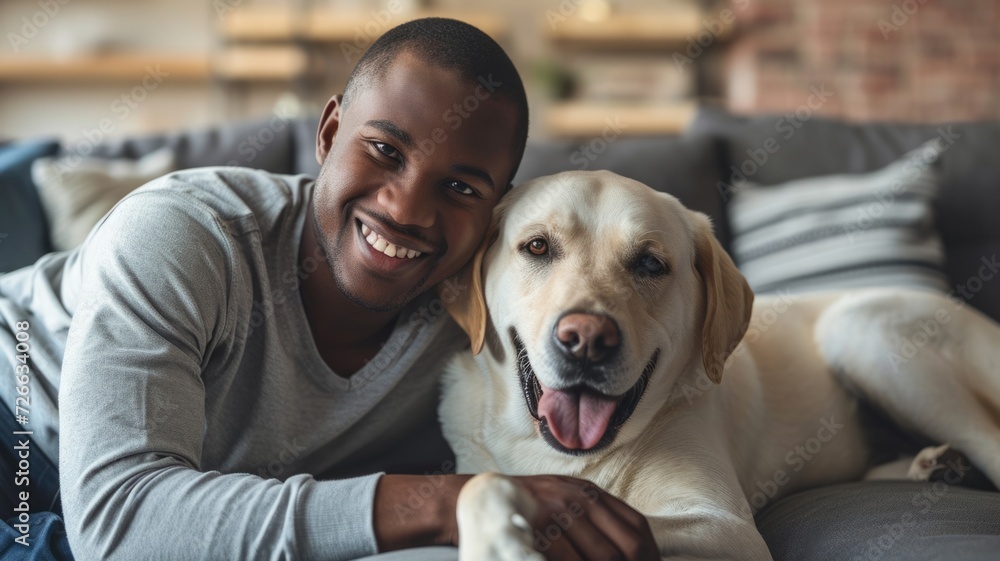happy people at home with favorite pet , love and friendship of human ...