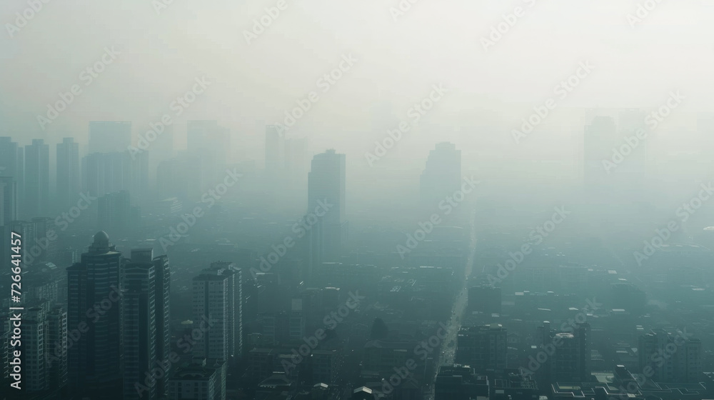 Aerial view of Asian city full of Smoke and smog from PM 2.5 dust, Cityscape of buildings with ...