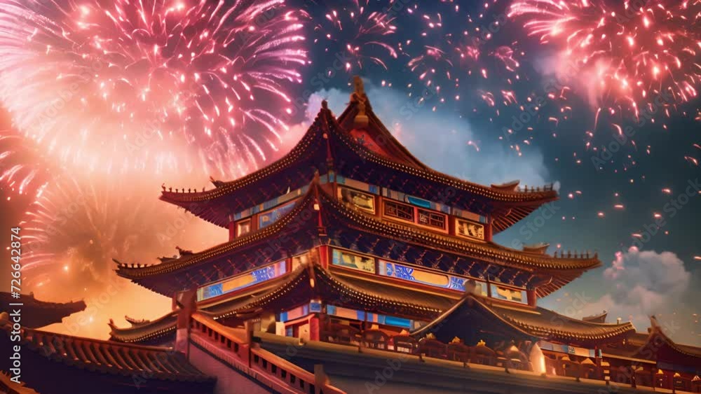 Fireworks Chinese New Year above temple. Lunar New Year fireworks 2024 ...