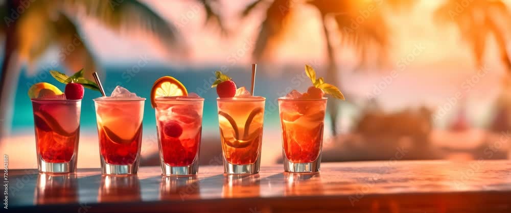 Lineup of Summer Cocktails at Beach Bar. Multiple colorful cocktails ...