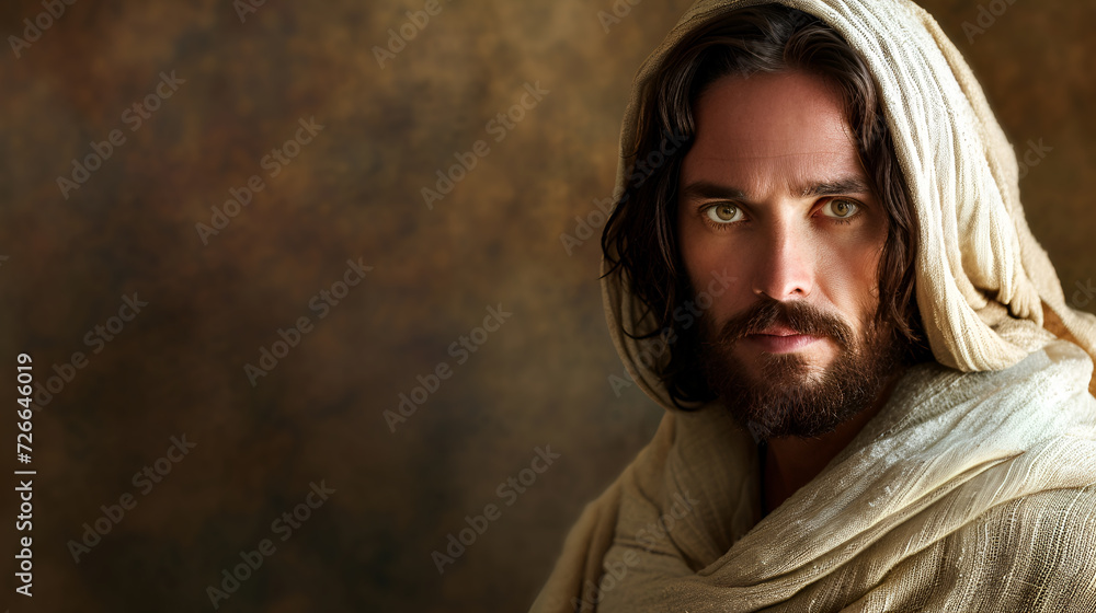 Dramatic portrait of a serious Jesus Christ with expressive eyes ...