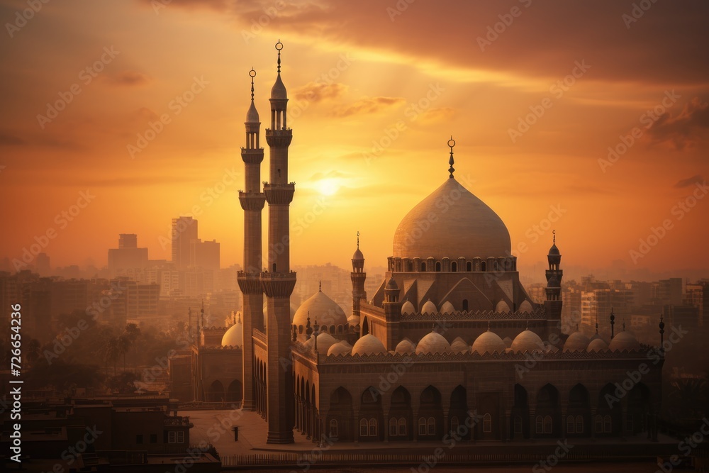 Foto de Majestic White Building With Twin Towers and Sunset in ...