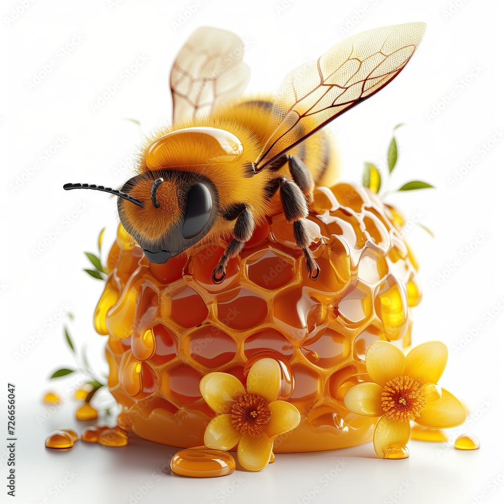 Ilustración de abeja posada sobre un panal de cera, cubierto de miel ...