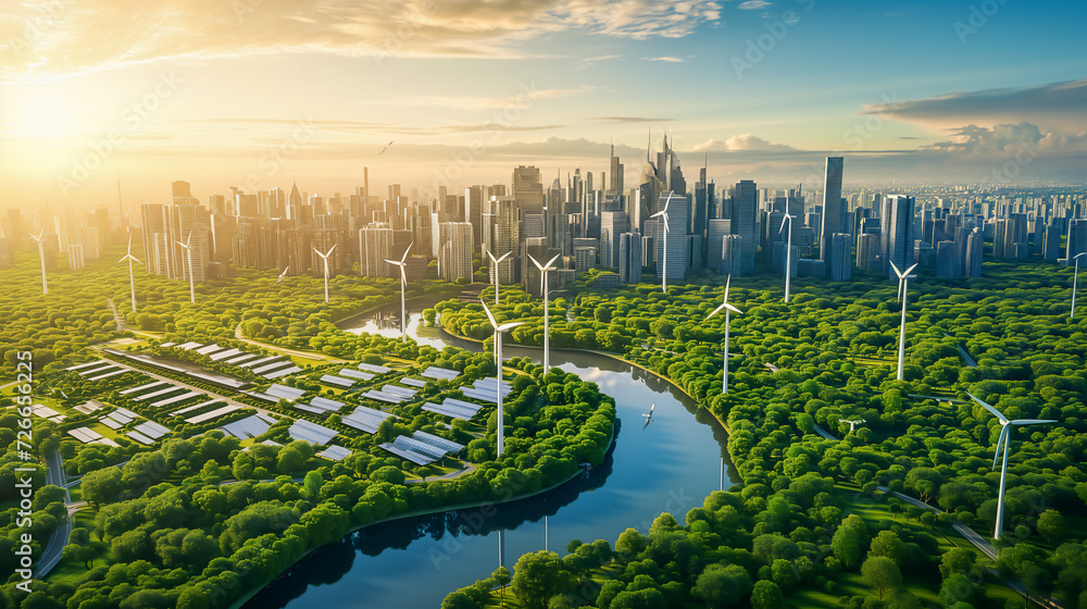 Innovative city with solar panels advanced, wind turbines and trees ...