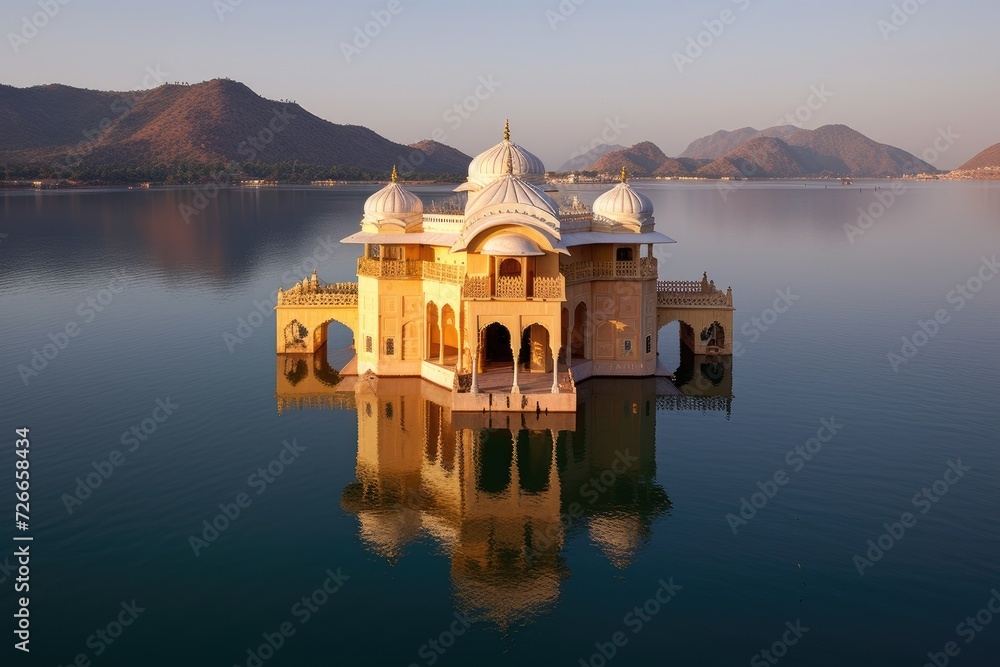 A stunning, grand building positioned majestically on top of a serene ...