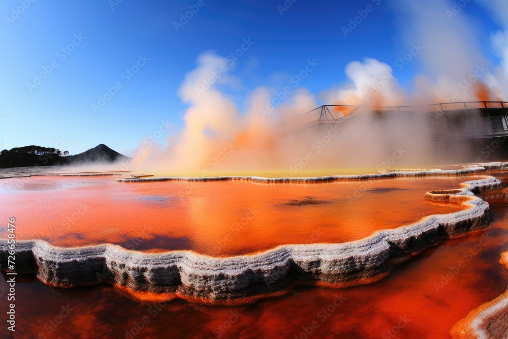 A lake or ocean with visible steam emanating from its surface, creating ...