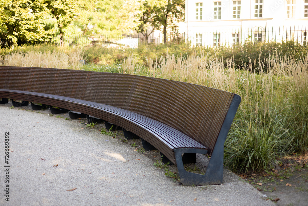 City park with Wood modern Park Bench. Geometry on nature and place to ...