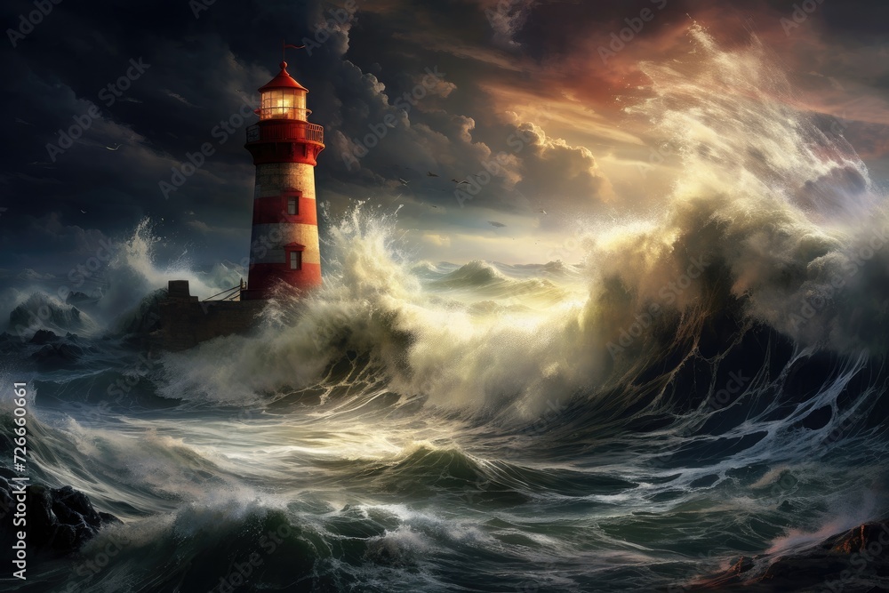 A powerful painting capturing the resilience of a lighthouse guiding ...