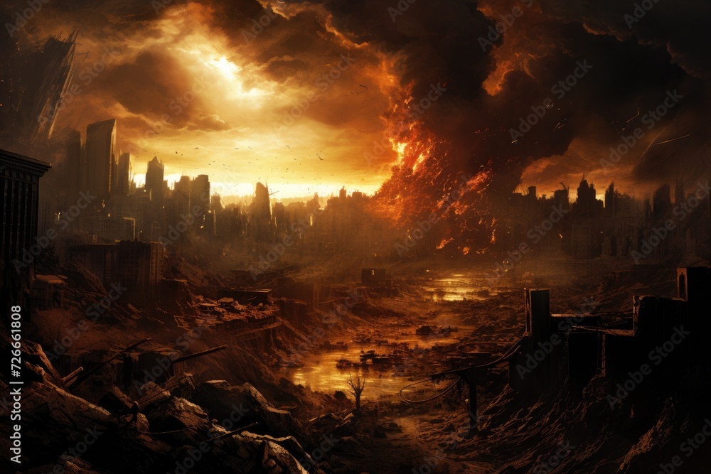 The image captures a city in the midst of a raging fire, requiring ...