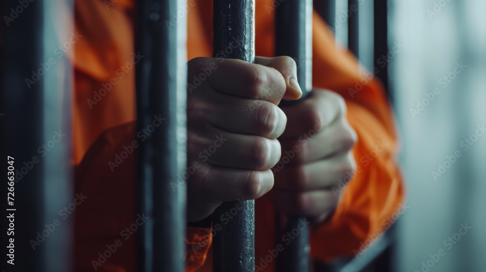 person's hands grasping the bars of a prison cell, dressed in an orange ...