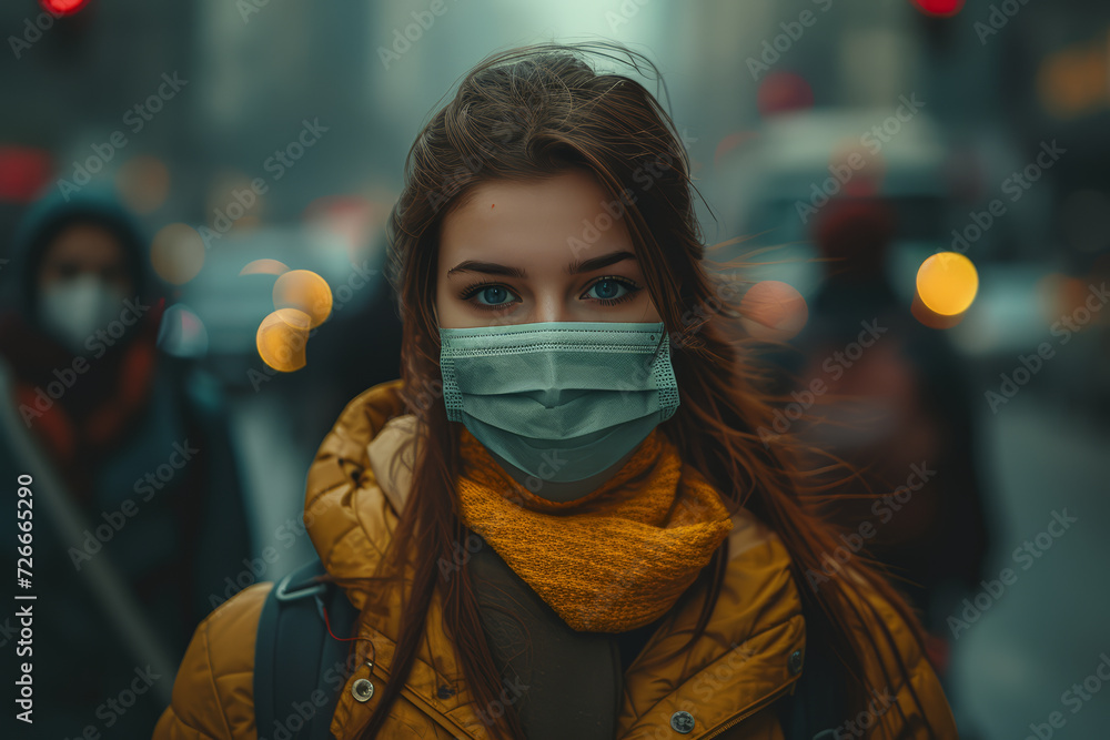 A candid street shot of people in a bustling city, all wearing masks ...