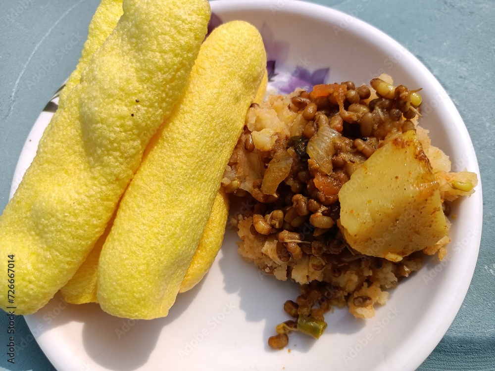 Yellow pipe fryums for food, aloo ponga,fryums pasta pasta, fryum, food ...