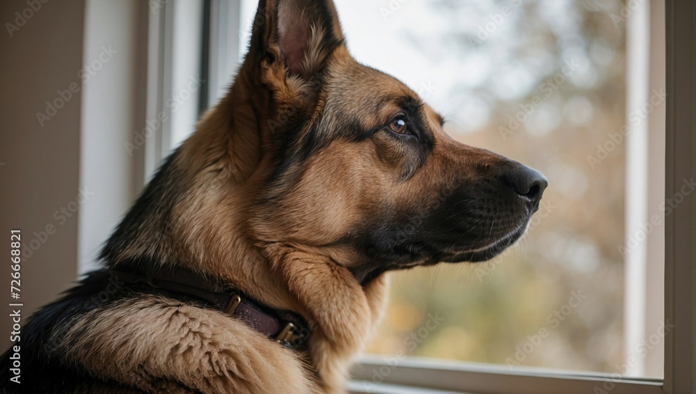 Close-up of a German Shepherd dog gazing outside a window, with a ...