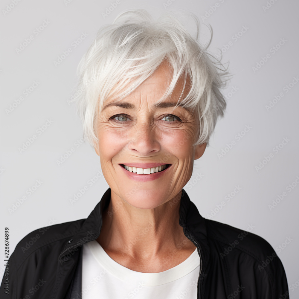 portrait de femme souriante de 60 ans aux cheveux blancs au look ultra ...