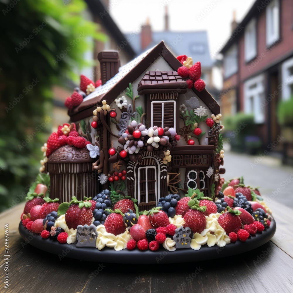 Chocolate brown house made of chocolate with red berries on a background of brown houses ...