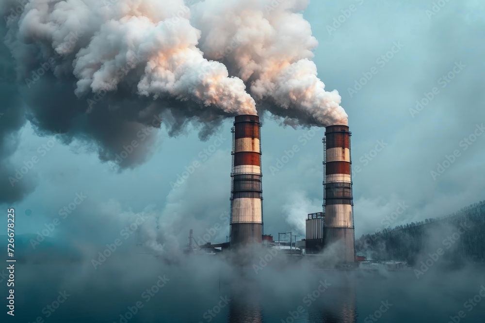A hazy sky filled with pollution as smoke stacks explode with steam ...