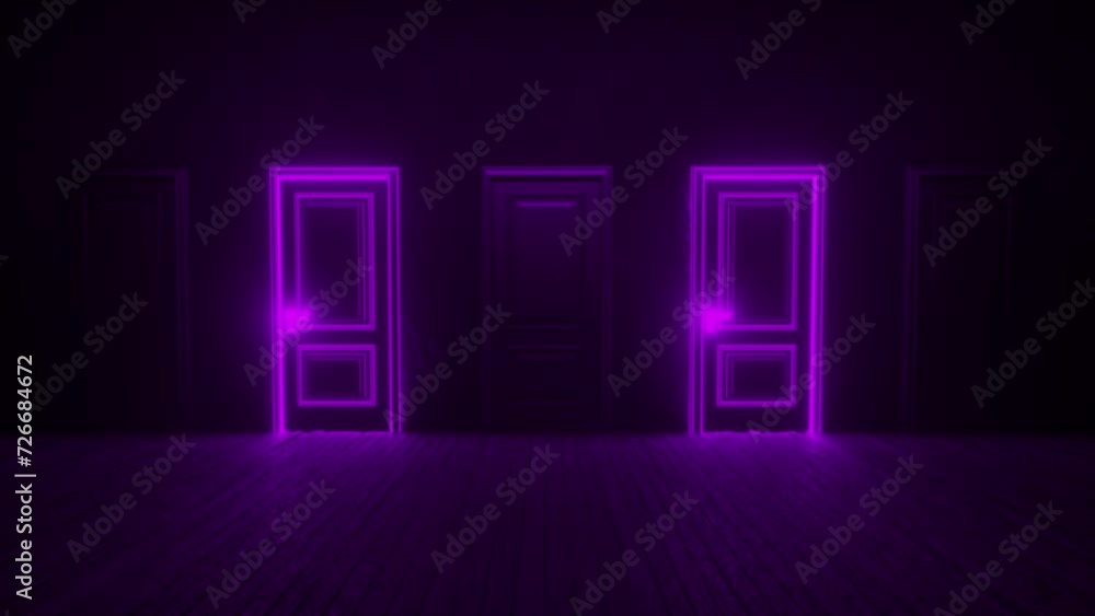 A row of purple neon closed doors randomly glowing in turn. Pulsating ...
