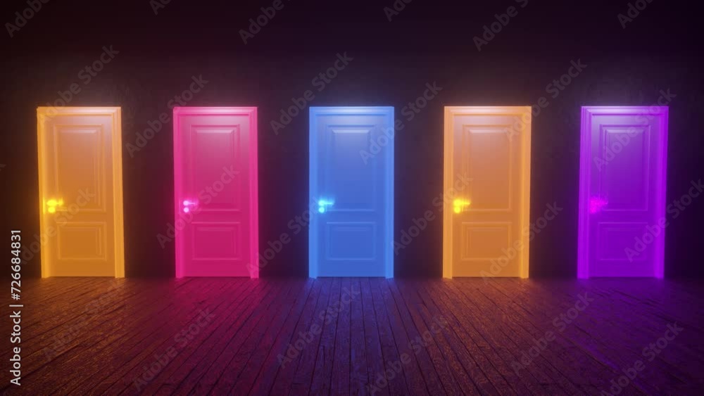 A row of multicolored neon closed doors randomly glowing in turn ...