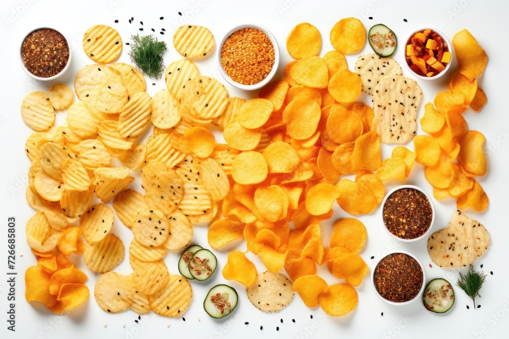 Salty snacks texture on a white background. Party food mix. Potato and ...