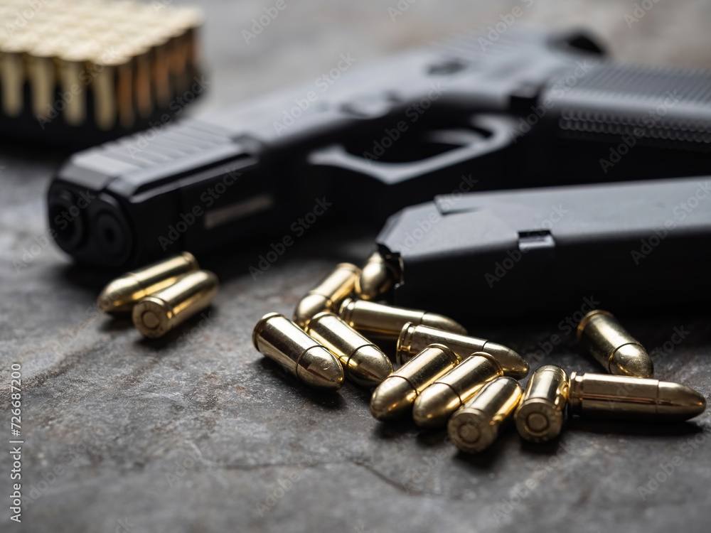 Hand gun with ammunition on dark background. 9 mm pistol military ...
