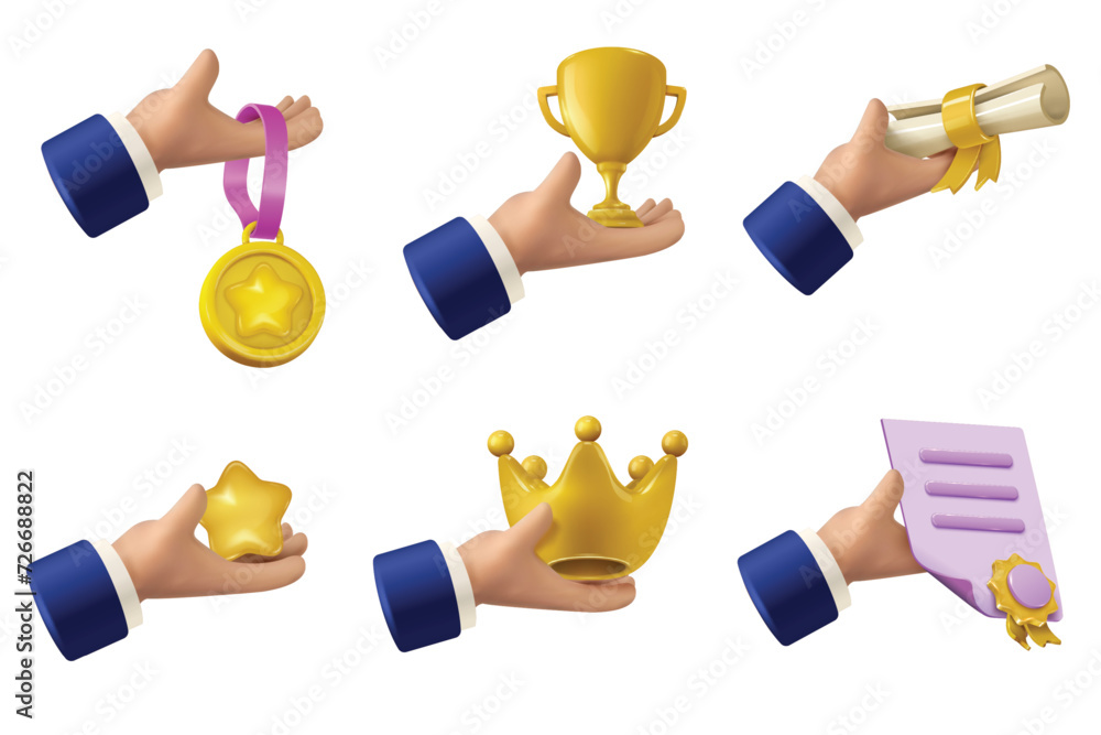 Hand holding award icons - crown, medal, certificate, prize, graduation ...