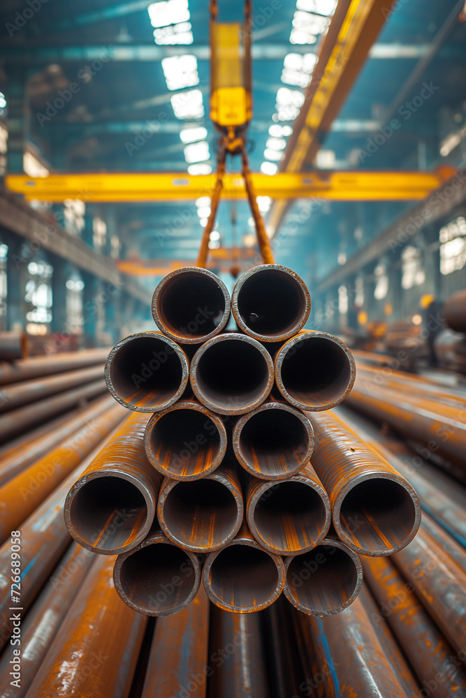 The photo captures a bundle of cylindrical steel pipes suspended by a ...