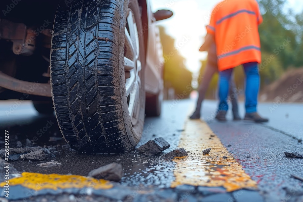 Grounded in motion, a person stands atop a tire with tread like a chain ...