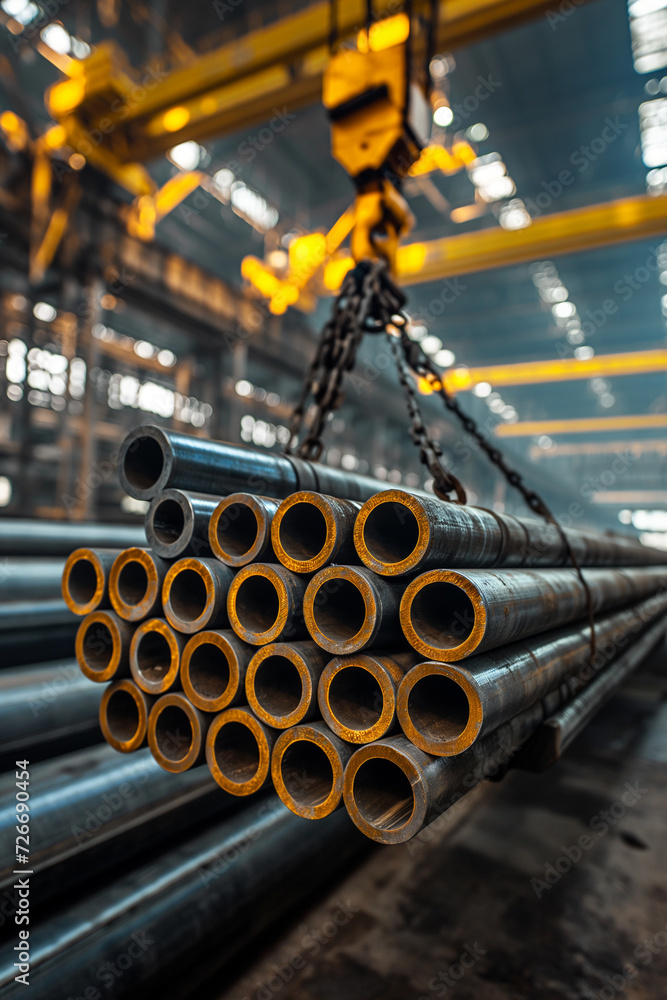 The photo captures a bundle of cylindrical steel pipes suspended by a ...