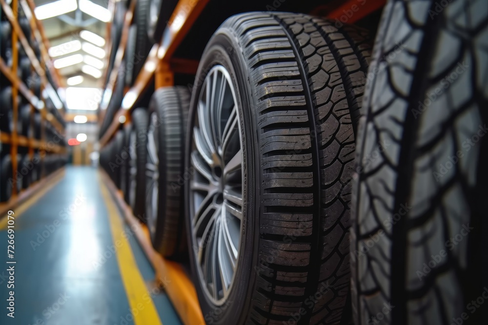 Stacked with precision, a line of rubber tires sit ready for the road ...