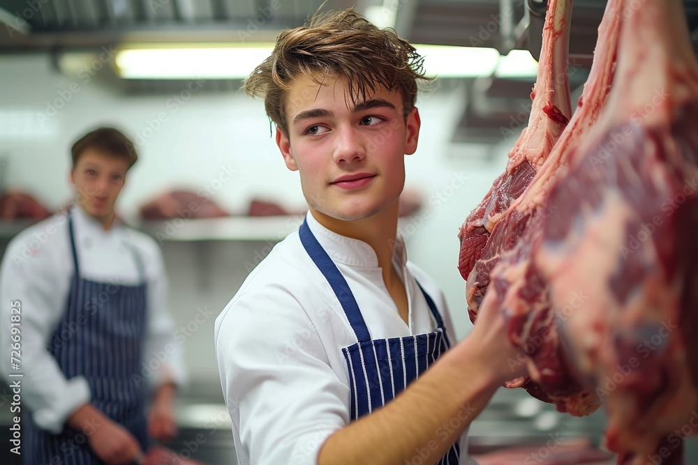 A somber man dressed in a bloody apron holds a freshly butchered piece ...