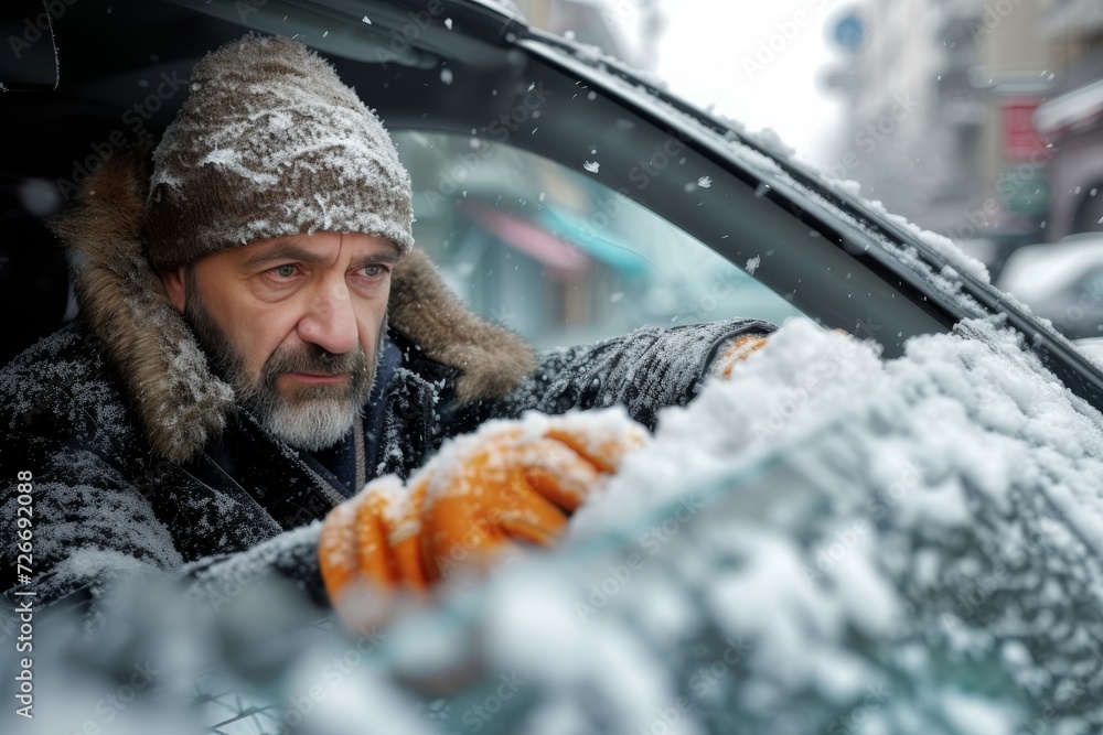 A rugged man, bundled up in winter gear, gazes out the car window at ...