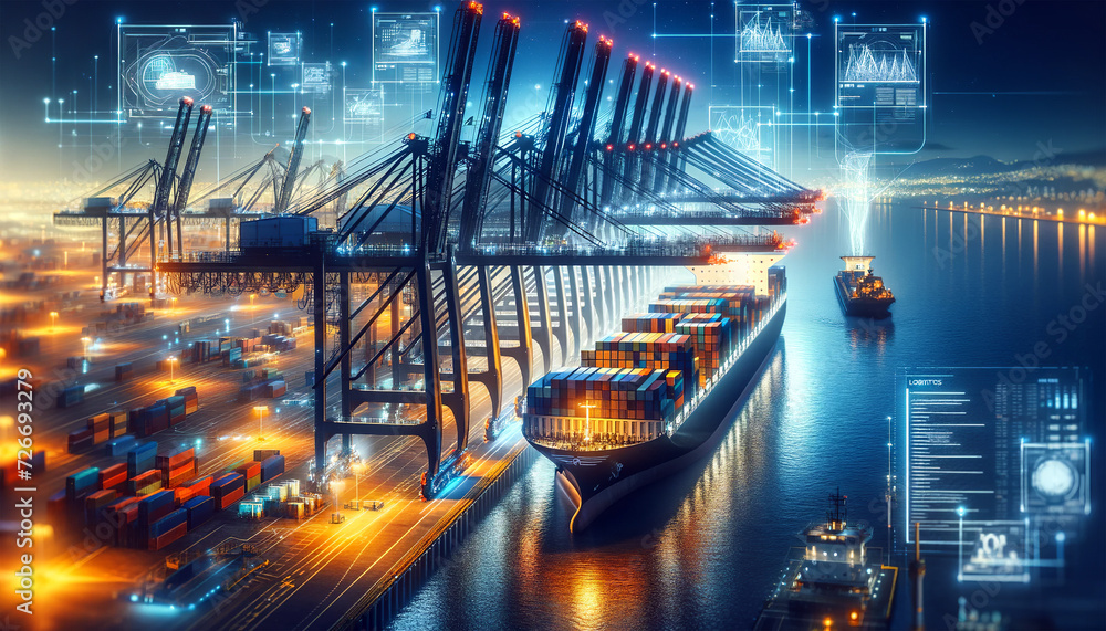 A futuristic port with cargo ships, illuminated cranes, and holographic ...