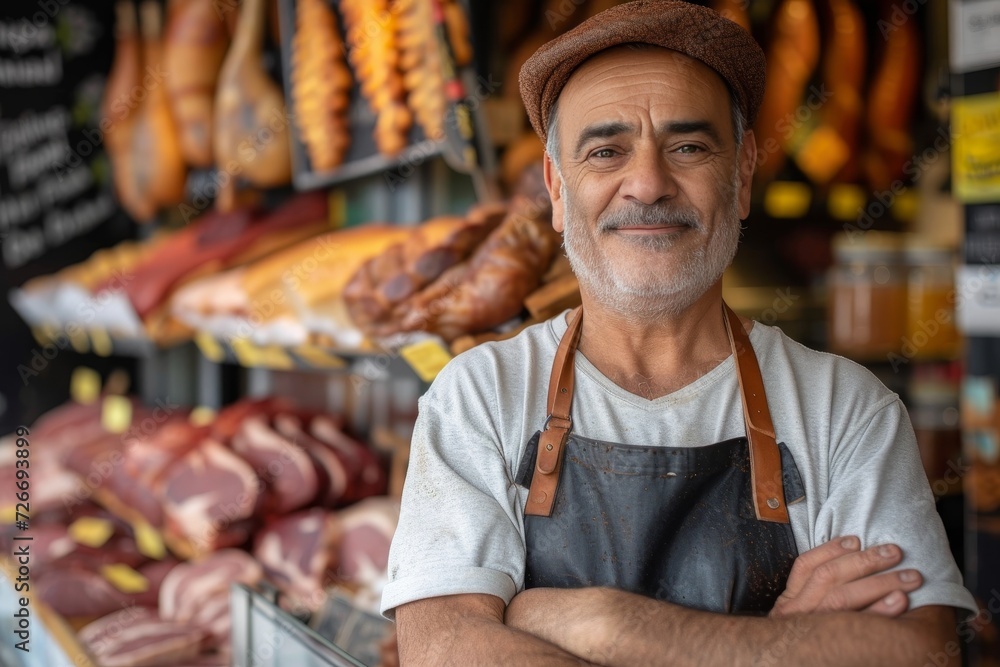A street food shopkeeper, clad in a black apron, carefully cures meat ...